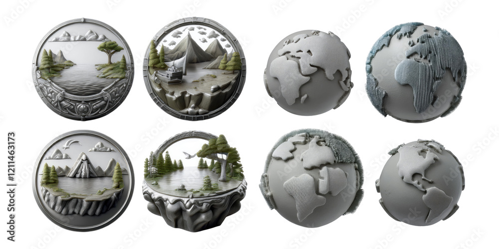 3D Nature Scenes and World Models in Relief Design, PNG collection, set ...