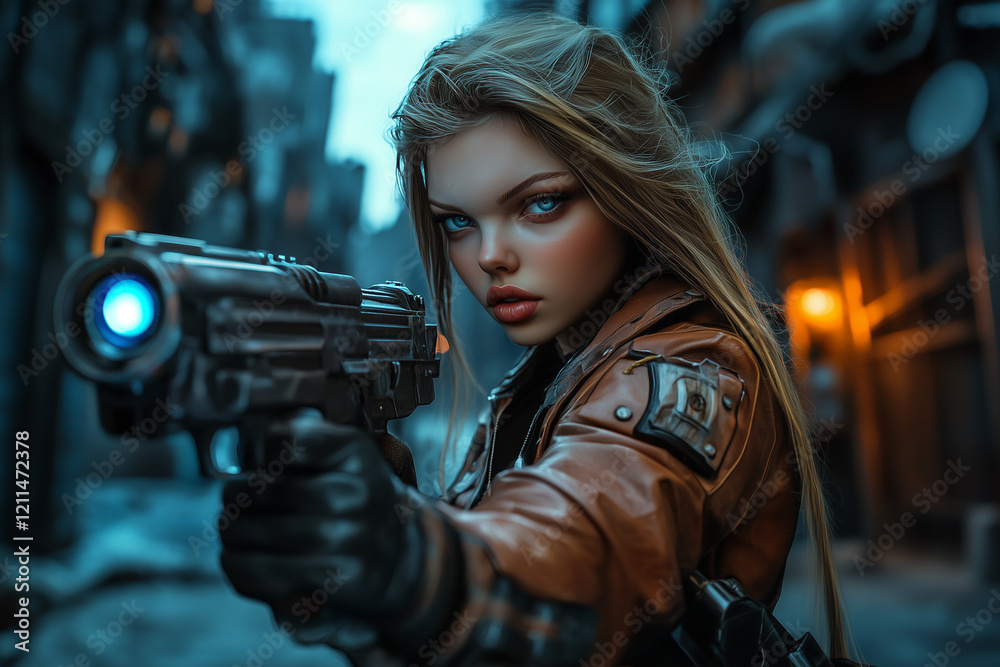 Beautiful girl with a gun in her hands, wearing a leather jacket in ...