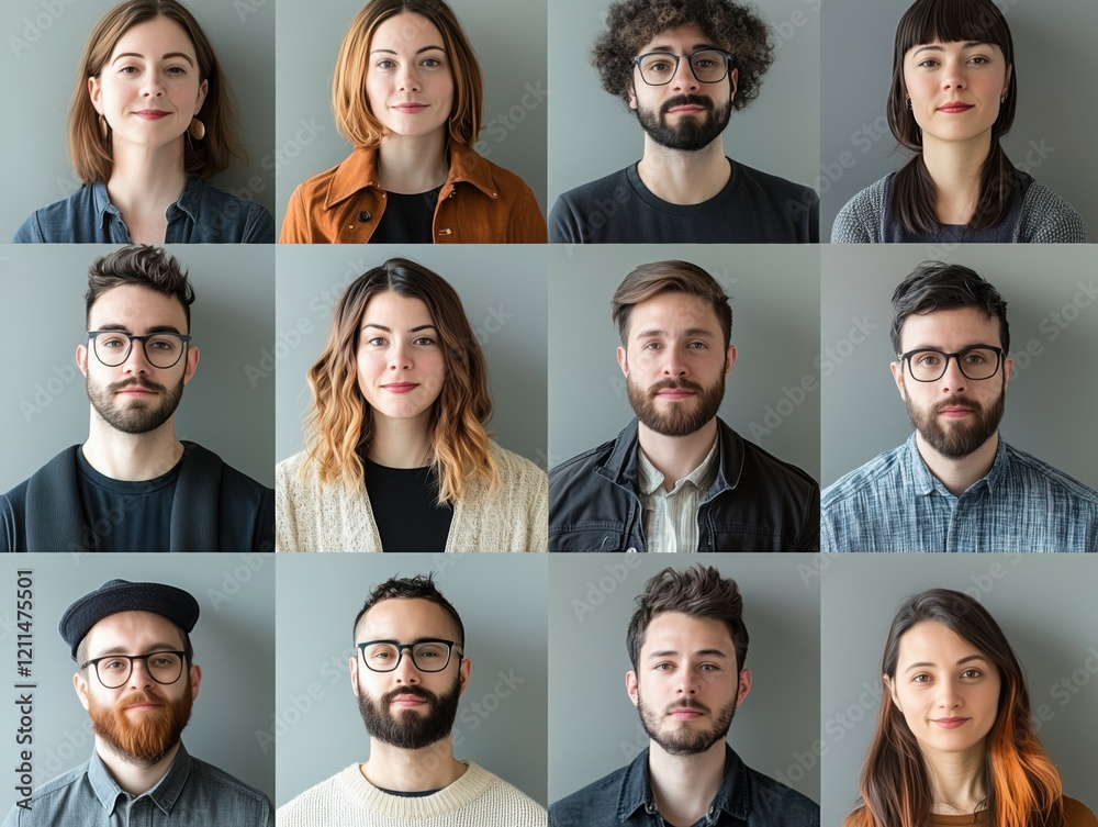 Collage of photos of different people, men and women on a monotone gray ...