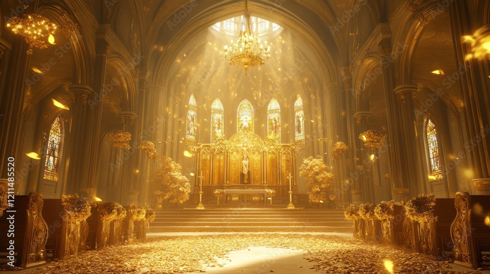 Golden church interior, coins falling, sunlit altar, faith, video game ...