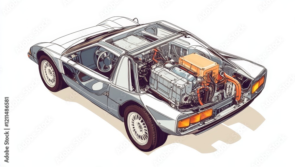 Exploded view illustration of a classic sports car's engine and chassis. Stock Illustration ...