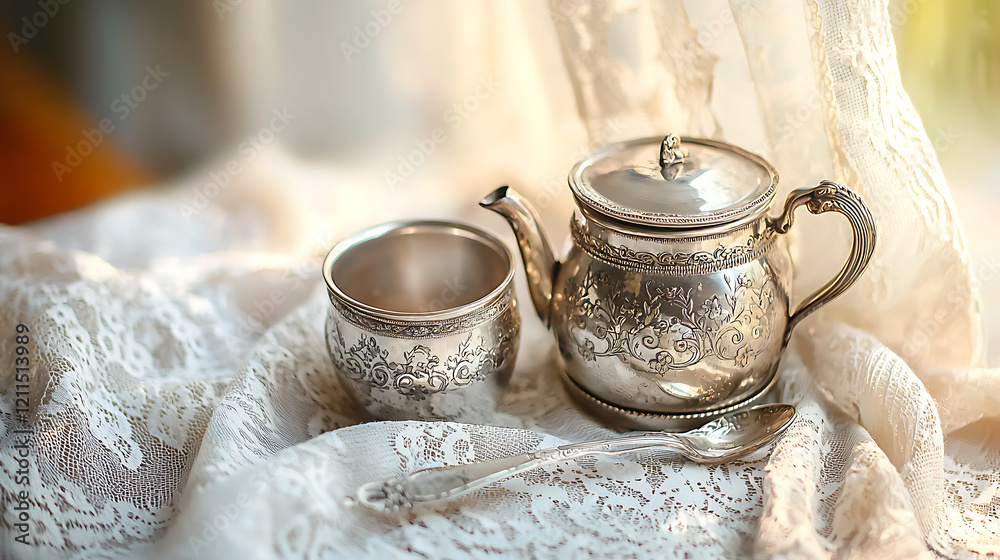 Antique silver tea set with delicate engravings on lace fabric, evoking ...