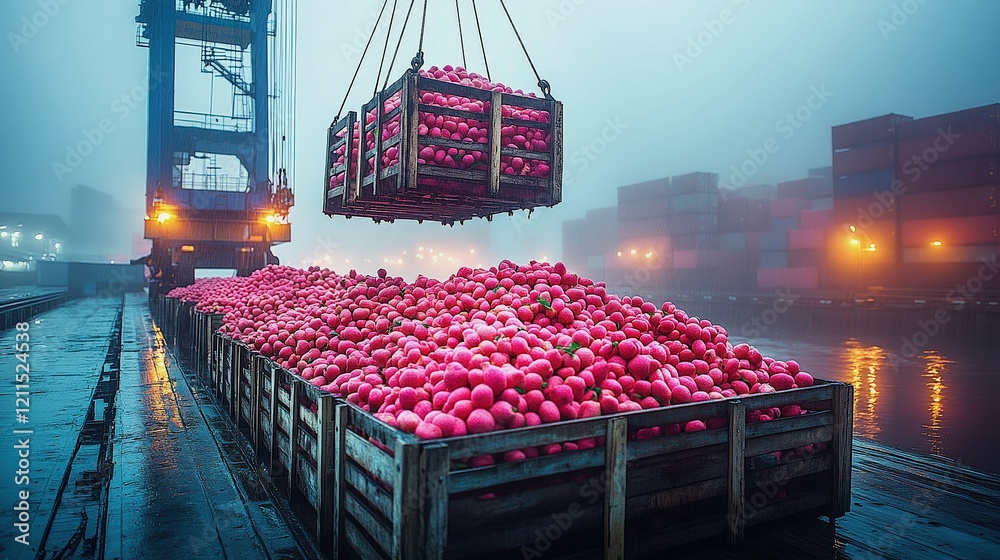 Glowing crates of pink guava pulp lifted by crane in misty dock setting ...