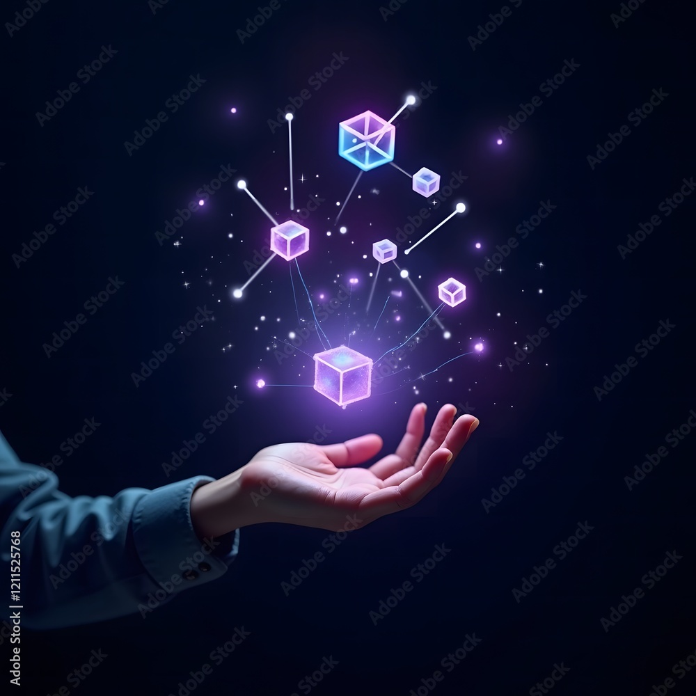 Digital transformation, open hand, floating cubes, purple and blue ...