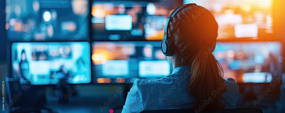 Virtual classroom online idea. A focused individual monitoring multiple ...