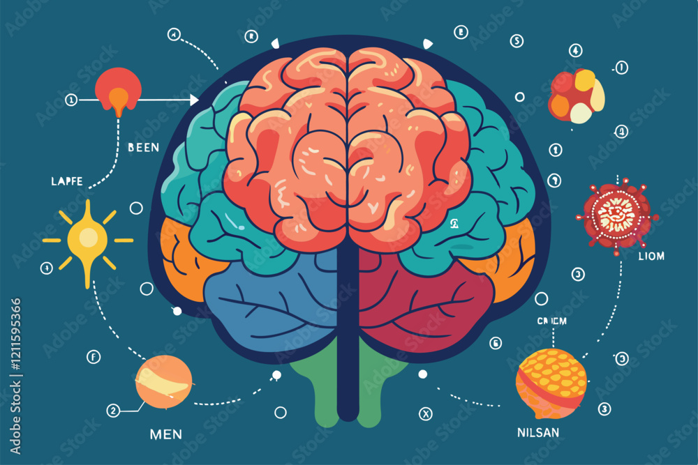 This illustration highlights brain functions with labeled regions for ...