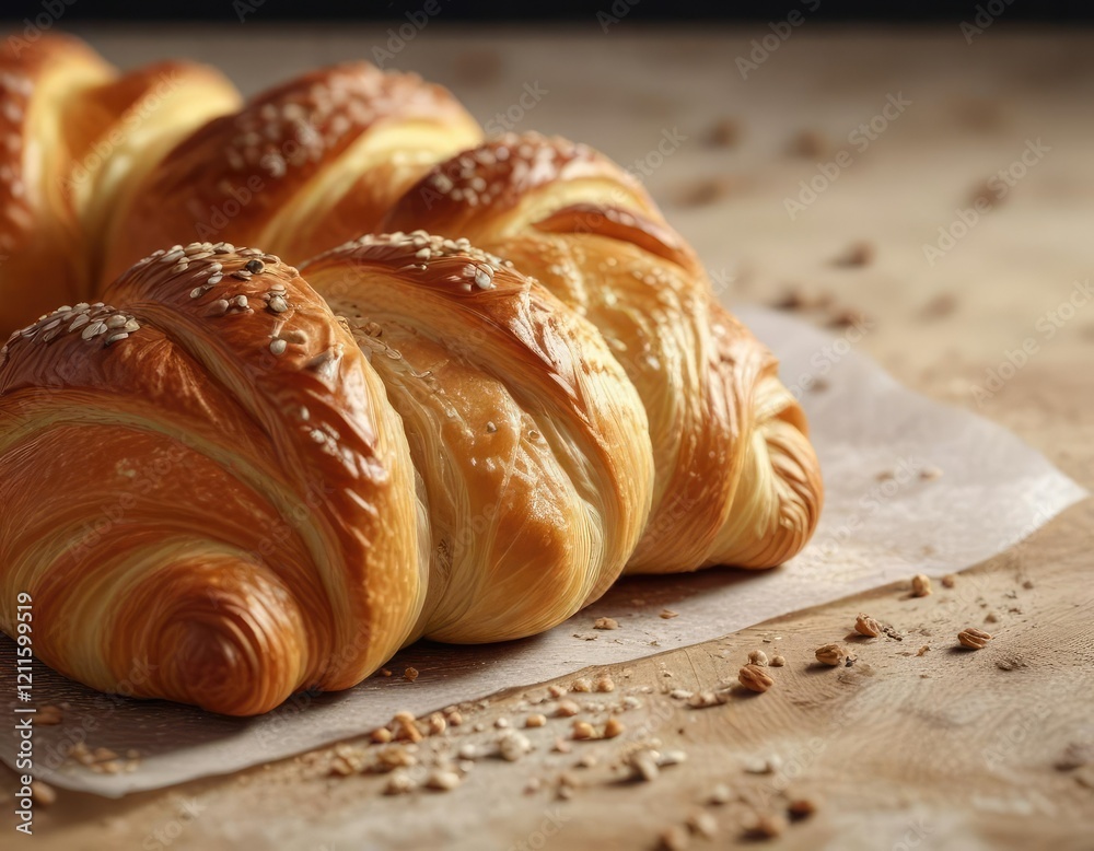 Delicate layers of croissant dough with sesame seeds, French patisserie ...