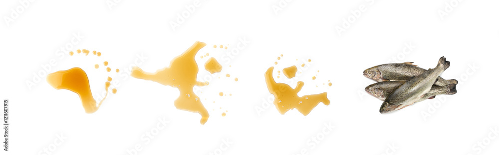 Spilled fish sauce isolated, asian fermented liquid puddle, stain ...