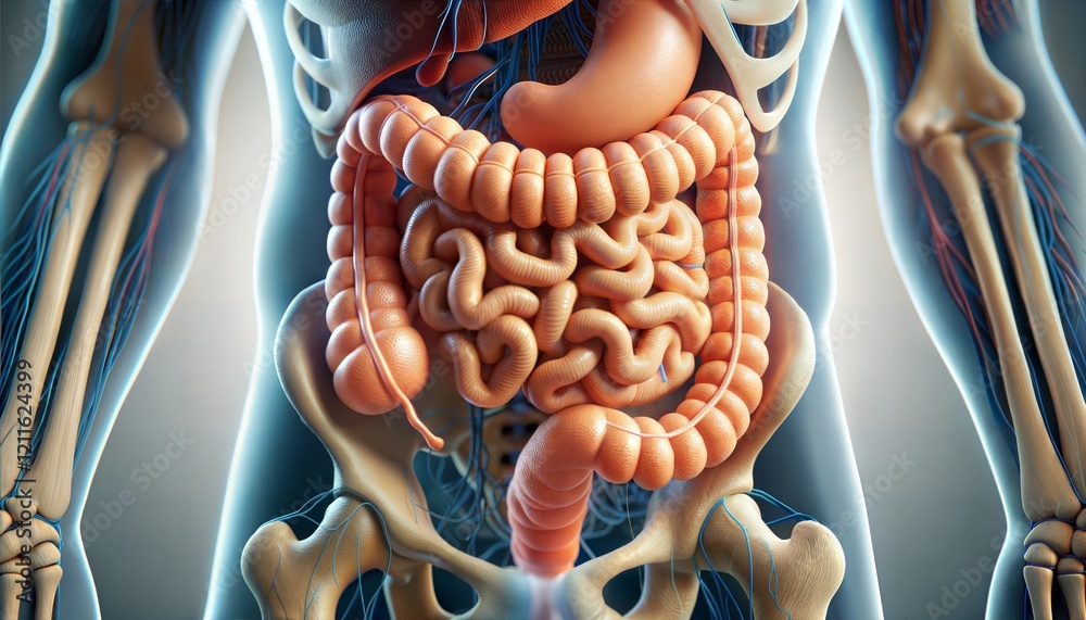 Human digestive system highlighting the stomach and intestines ...