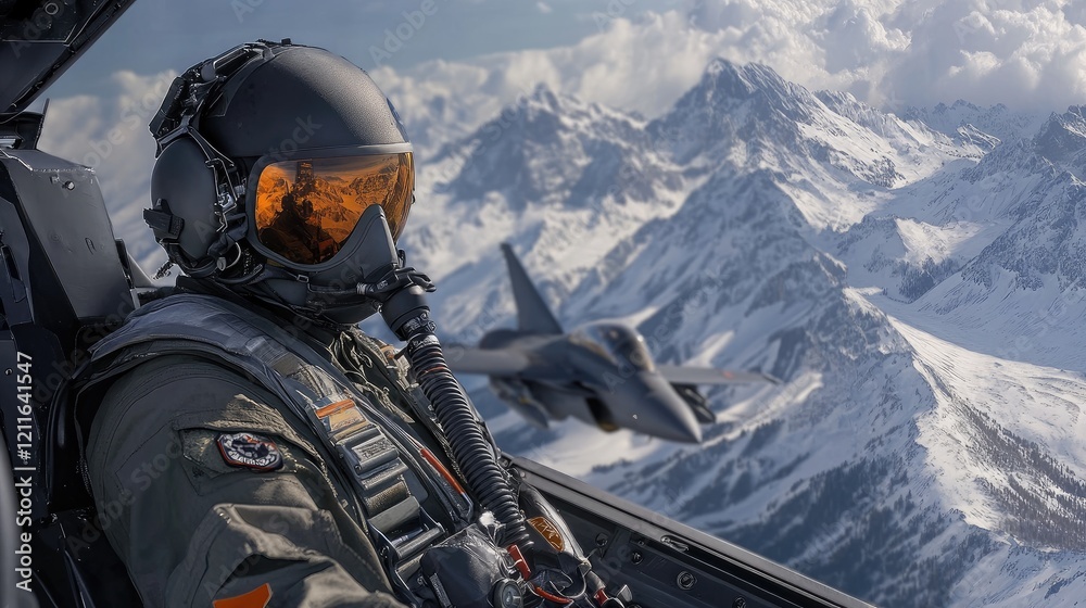 A close-up of a fighter jet pilot in full flight gear, gazing at the ...