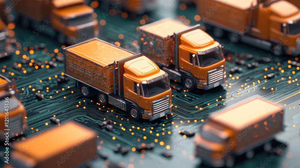 A cluster of miniature orange trucks placed on a digital circuit board ...