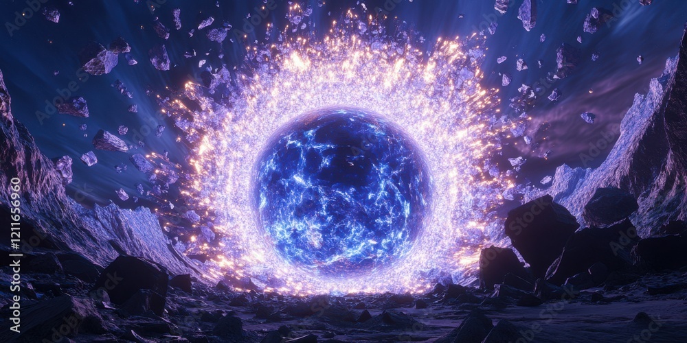 colossal sphere embedded in the earth, surrounded by concentric rings ...