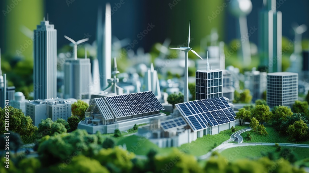 A miniature futuristic industrial city model, complete with solar ...