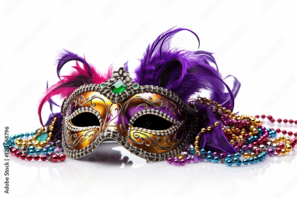 Purple, gold, and pink mardi gras mask with feathers and colorful beads ...