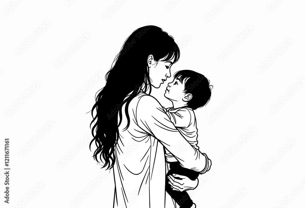 Minimalist Family Line Art: Black Outline of Mom and Child, Simple ...