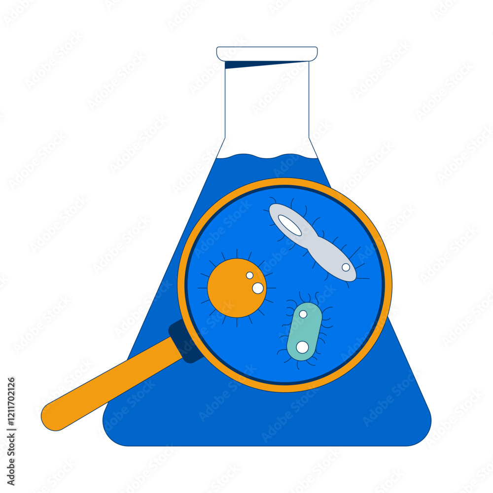 Magnified microorganisms in flask with water 2D cartoon object ...