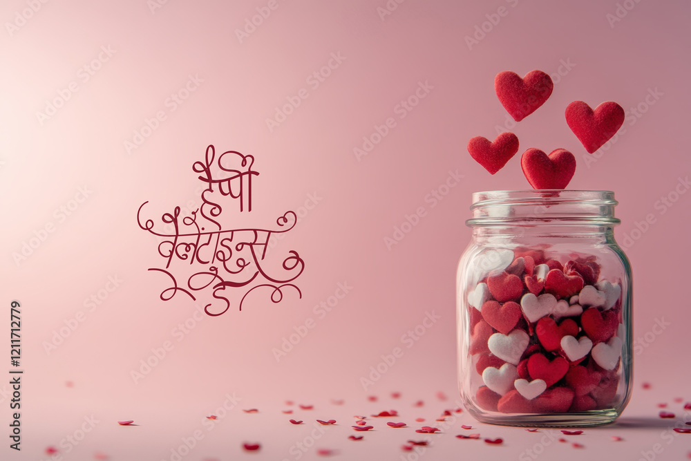 Hindi Text of Happy Valentine's Day with Hearts Popping Out from Glass Jar Photo, Used for ...