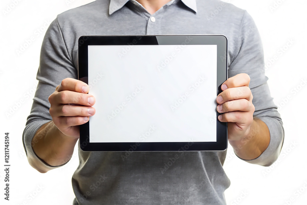 Hand holding black tablet with blank white screen on isolated ...