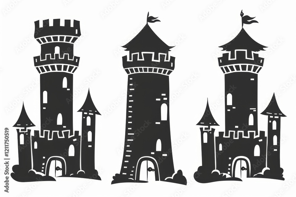 Castle icon, fairy tale forts, old towers, medieval castles, kingdom ...