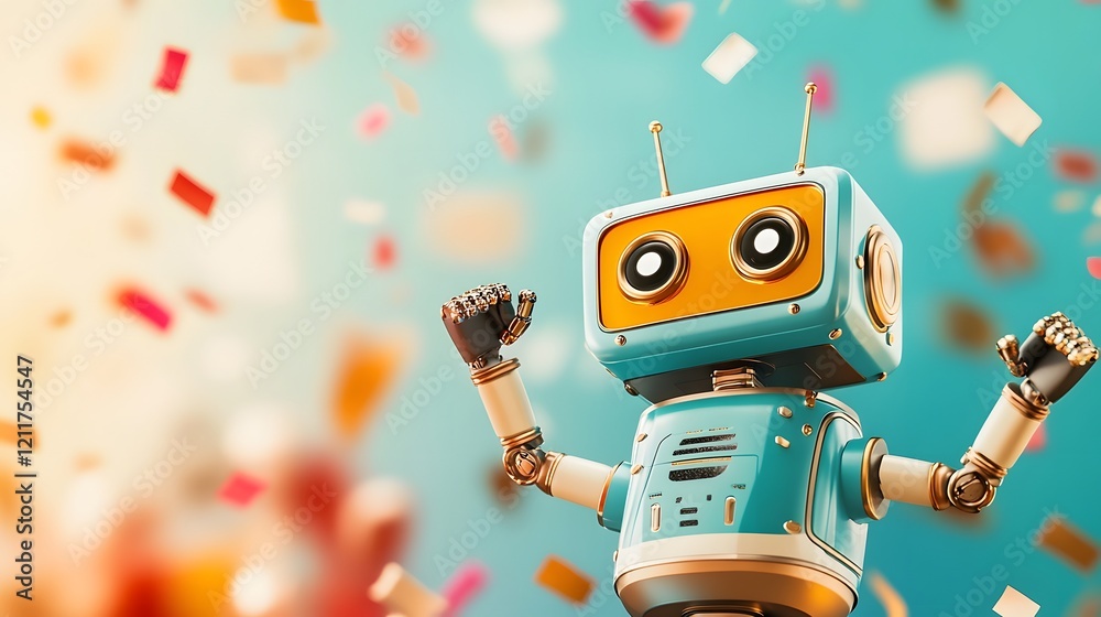 Victorious Humanoid Robot Celebrates on Magazine Cover Amid Confetti ...