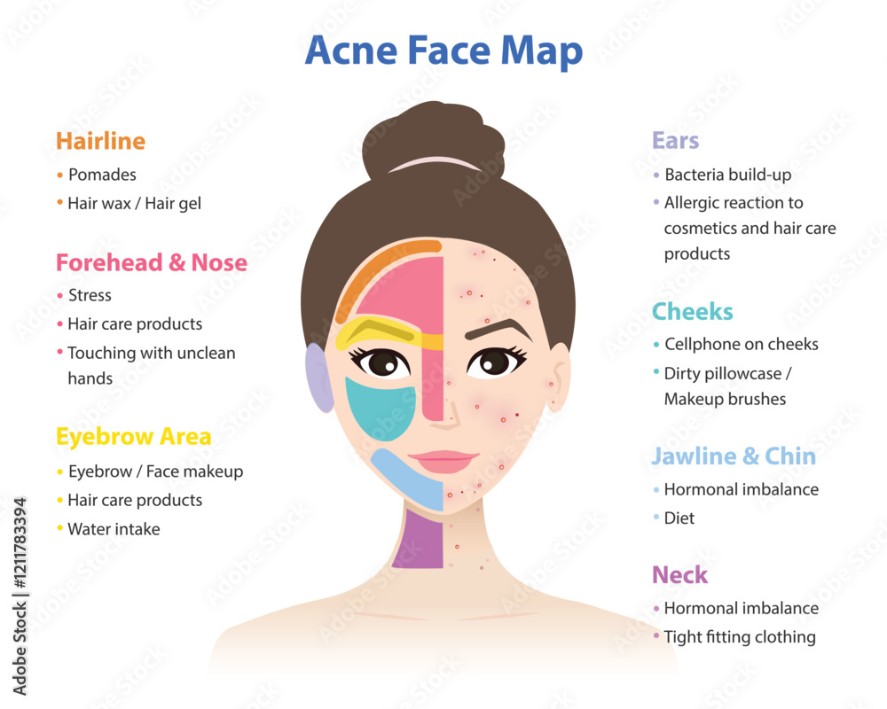 Acne face map on woman face vector illustration isolated on white background. Diagram of acne ...