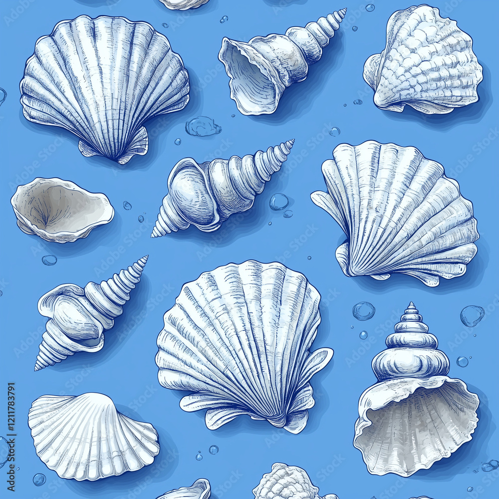 Underwater seamless pattern with seashells line art illustrations in ...