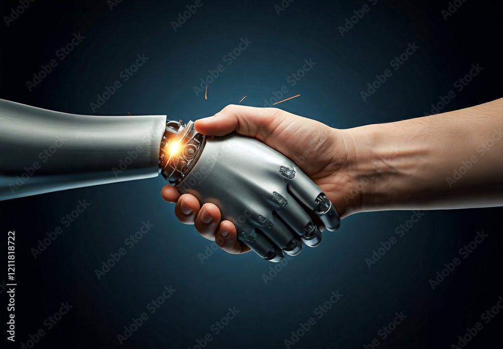 AI, Human hand shaking a Robot hand, Machine learning, big data network ...