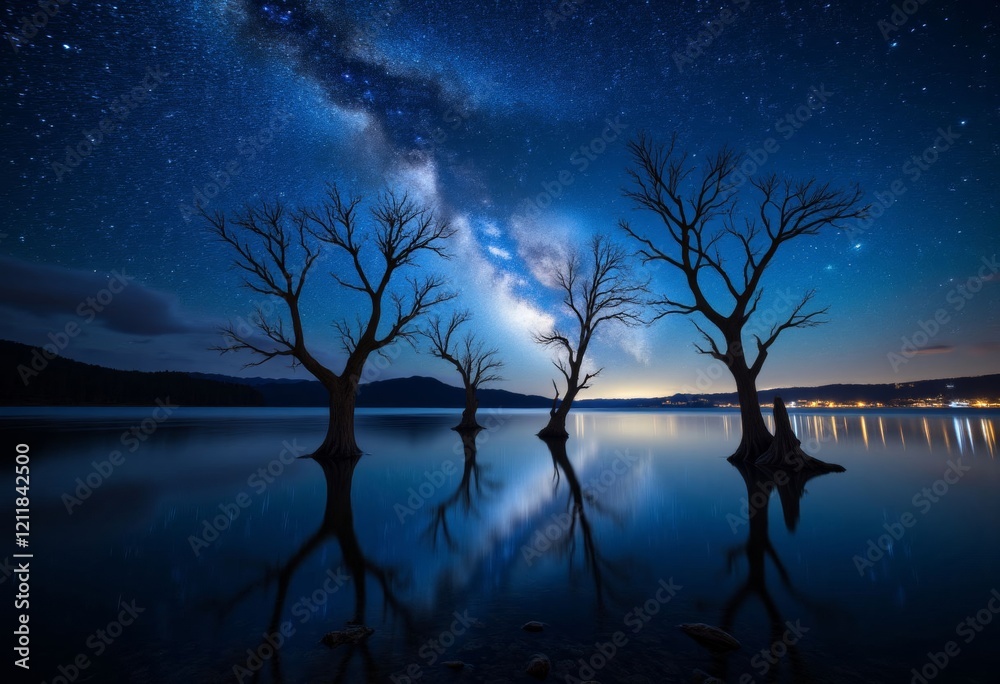 Bare trees in water under a starry night sky with Milky Way Stock Photo ...