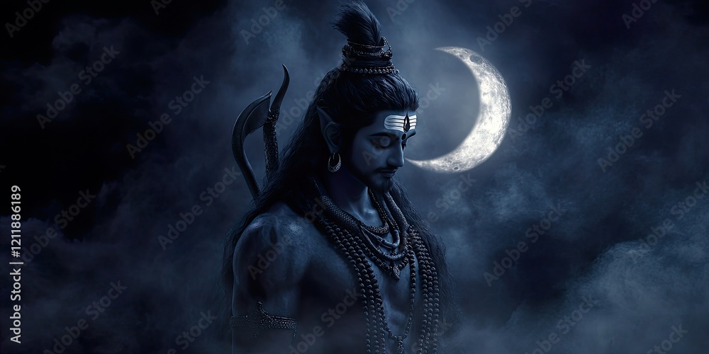 Majestic Portrait of Lord Shiva Trishul Damru Crescent Moon Maha Shivaratri Stock Illustration ...