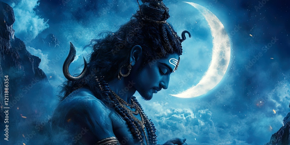 Majestic Portrait of Lord Shiva Trishul Damru Crescent Moon Maha Shivaratri Stock Illustration ...