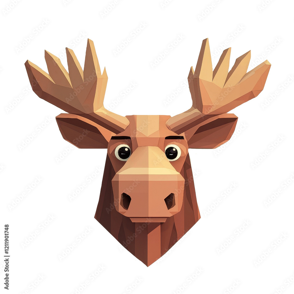Detailed depiction of a geometric moose head in a low-poly art style, showcasing faceted shapes ...