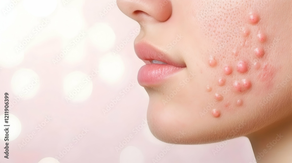 Woman's face profile showing acne blemishes, soft pink bokeh background ...