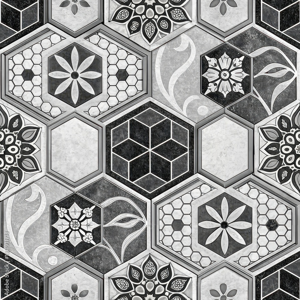 Seamless Hexagonal Tile Pattern Black and White Geometric Floral Design ...