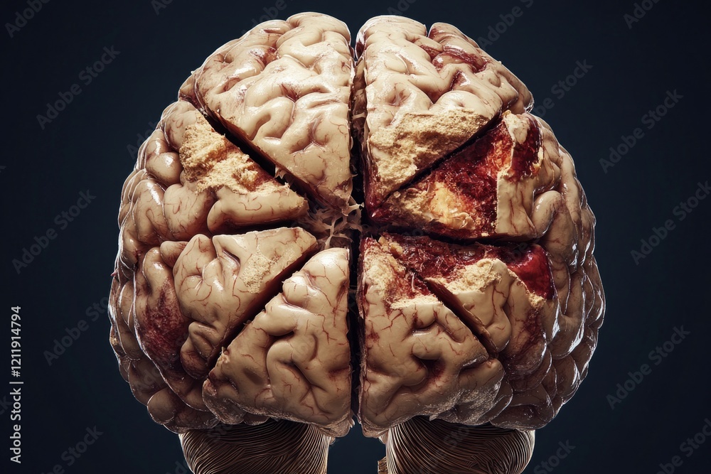 Anatomy of the human brain with a slice removed, showing cerebral ...