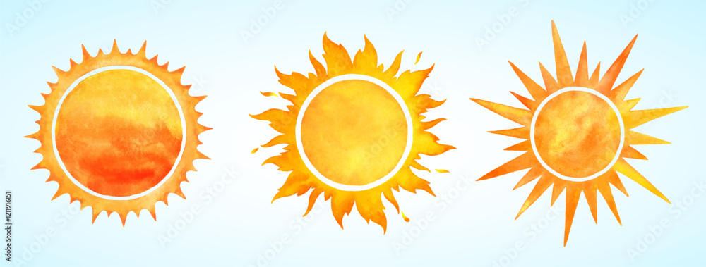 Watercolor vector round sun shapes, spiked crowns, sunburst. Rising sun ...