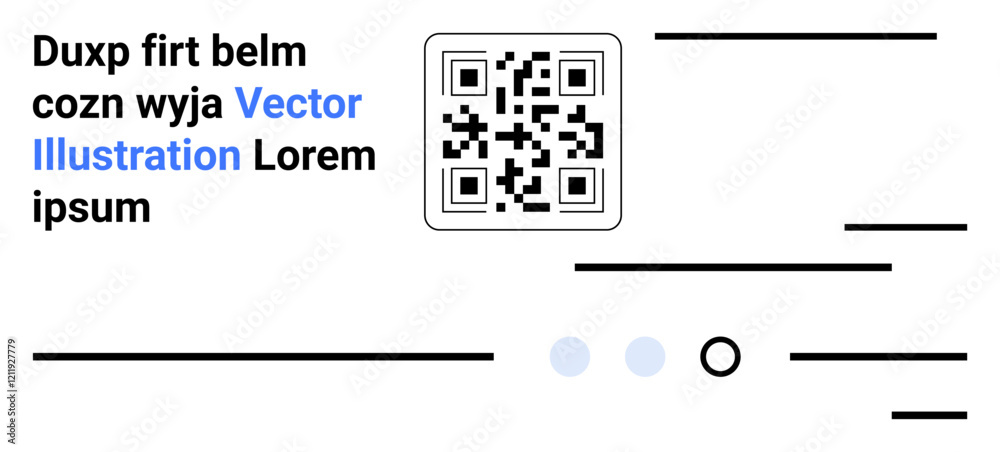 QR code centered among black abstract lines and text elements with blue ...