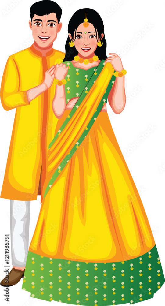 Indian Bride and Groom Celebrate Haldi Ceremony Vector Illustration ...