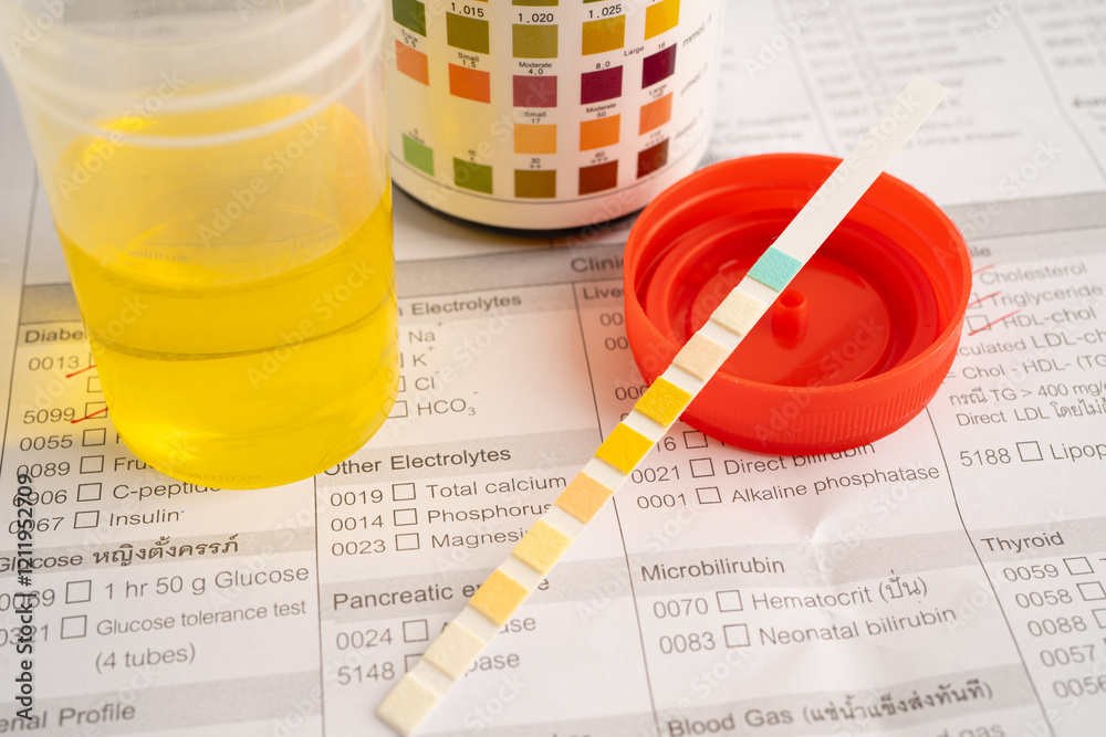 Urinalysis, urine cup with reagent strip pH paper test and comparison ...
