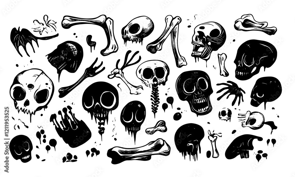 Linocut style bones skull texture pattern, vector on transparent ...