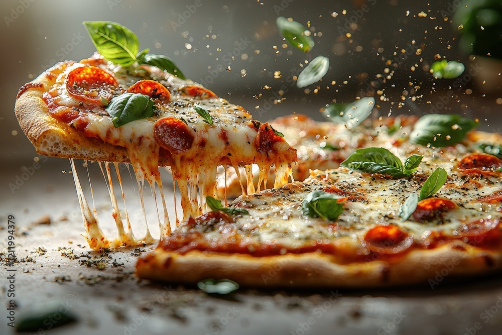 Delicious pepperoni pizza slice lifted, showing melted cheese strings ...