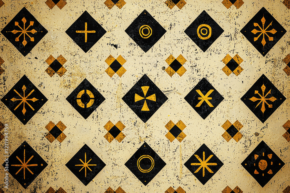 Tribal African pattern showcasing Adinkra symbols in black and gold on ...
