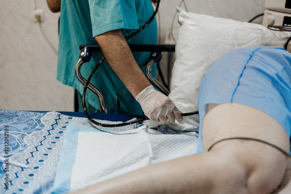 endoscopist performing colonoscopy, endoscope for colonoscopy ...