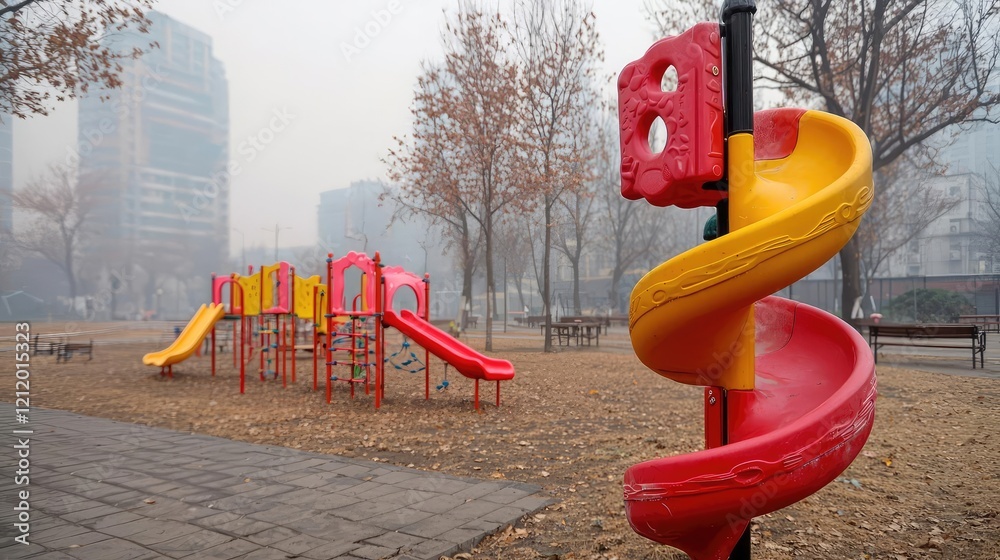Urban park covered in haze with children's playgrounds barely visible ...