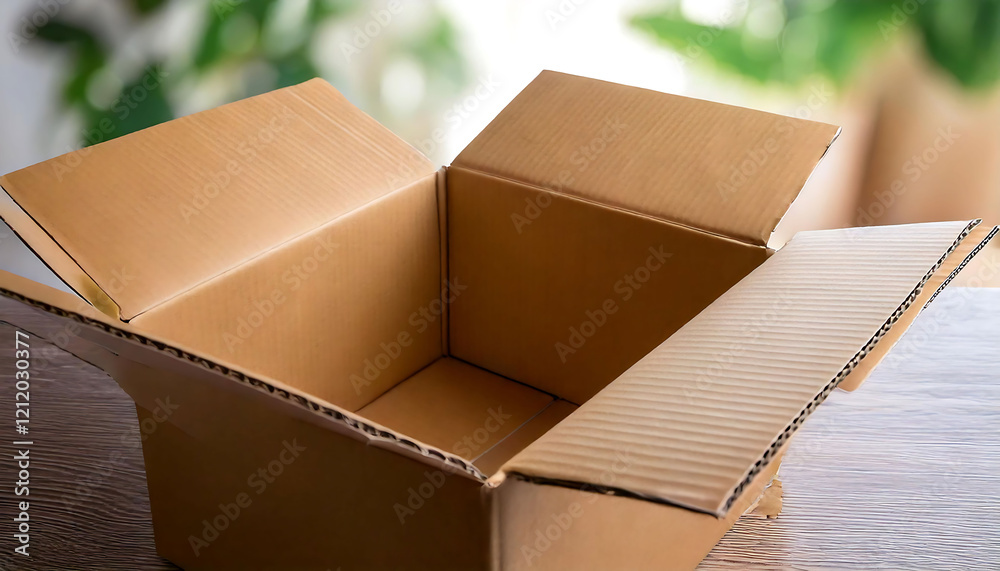 Empty cardboard box open on a wooden surface with a blurred green ...