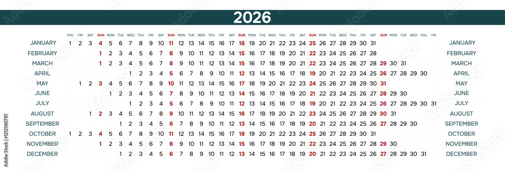 2026 calendar. Linear horizontal planner for year. Yearly calender ...