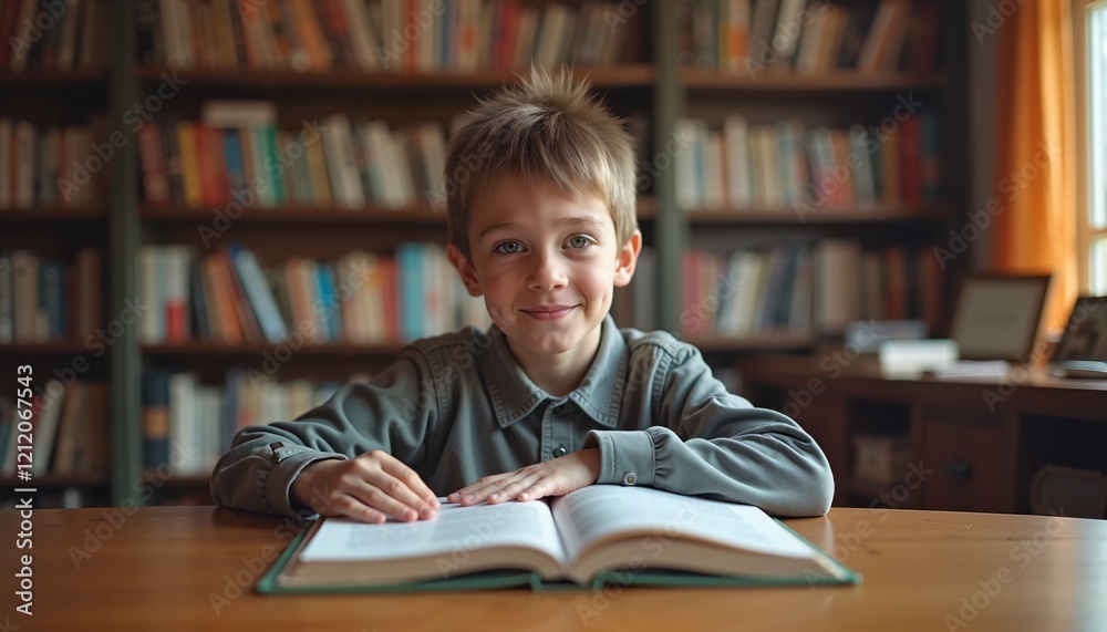 Smiling young boy reading book in library setting, educational and ...