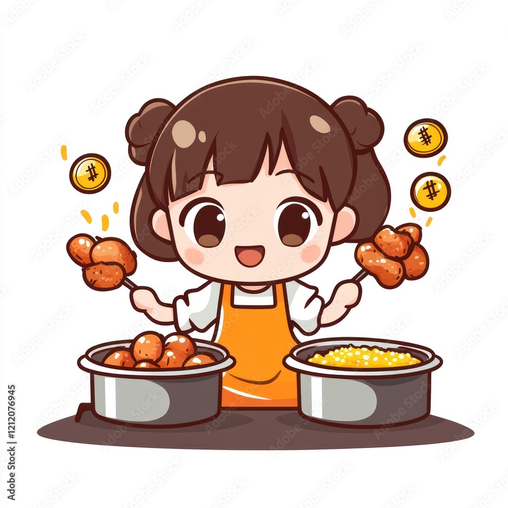 Cartoon girl cooking snacks with floating coins above pots, for food ...
