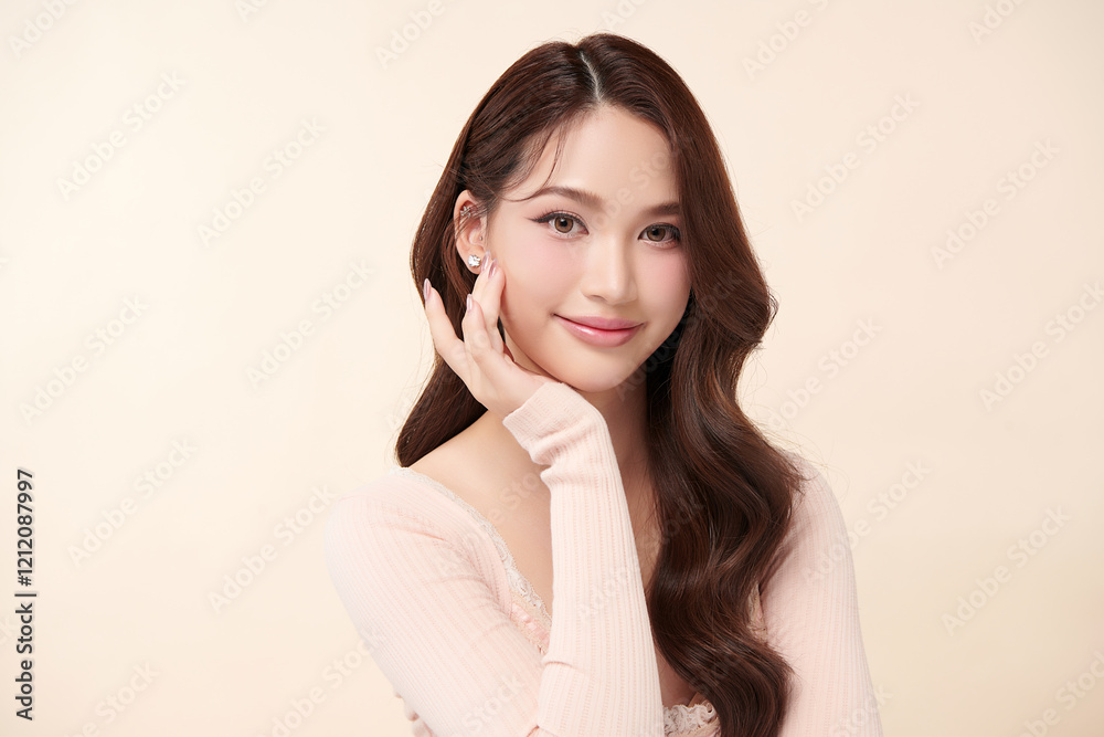 Beautiful young asian woman with clean fresh skin on beige background ...