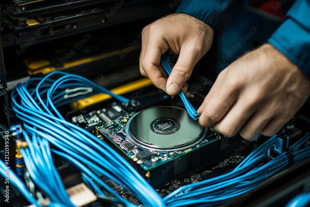 Linking an unassembled hard drive to a desktop computer. Stock ...
