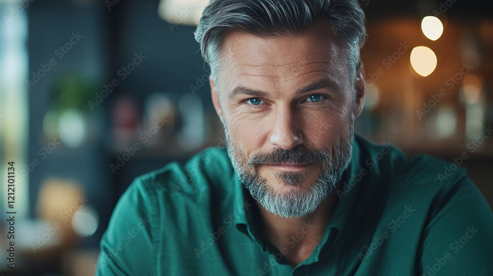 Handsome 50s mid age physically fit senior man model dark hair smiling ...